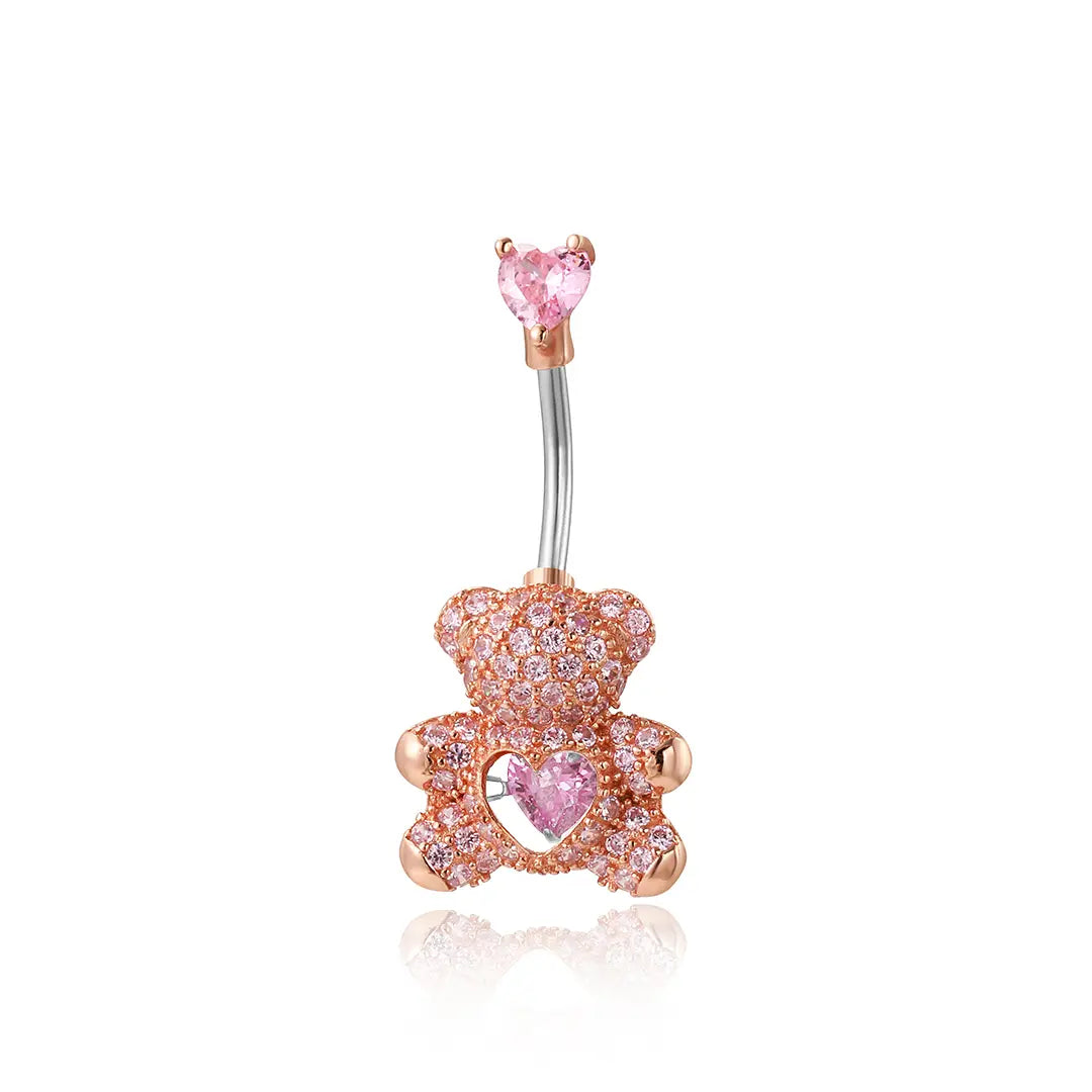 Pink Teddy Bear Belly Button Ring|Cute Diamond Pave Teddy Bear Navel Ring